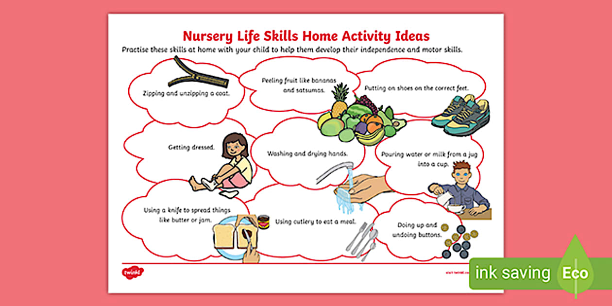 Editable Nursery Life Skills Home Activity Ideas - Twinkl
