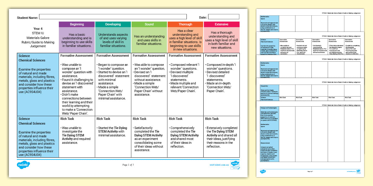 STEM IU Yr 4 Materials Galore Assessment Rubric - Twinkl