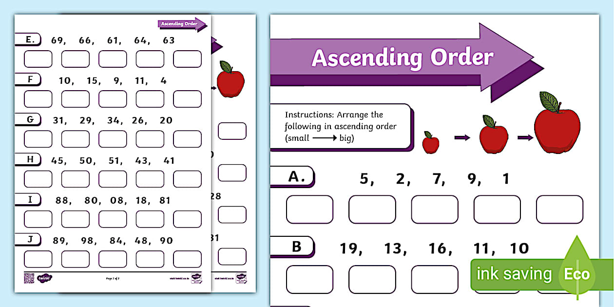Ascending Order Worksheet - Twinkl