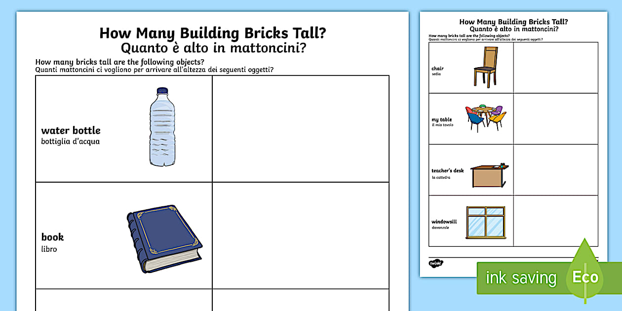 How Many Building Bricks Tall? Worksheet / Worksheet English/Italian - How