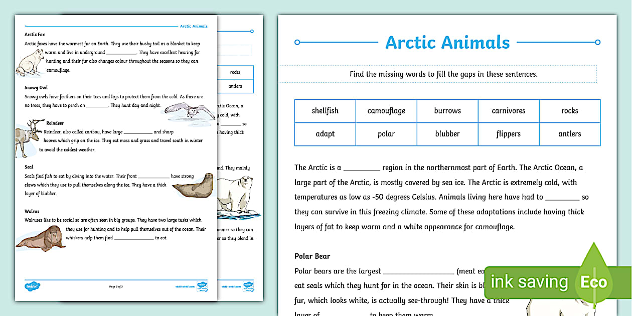 Arctic Animals Word Cloze Activity - Twinkl