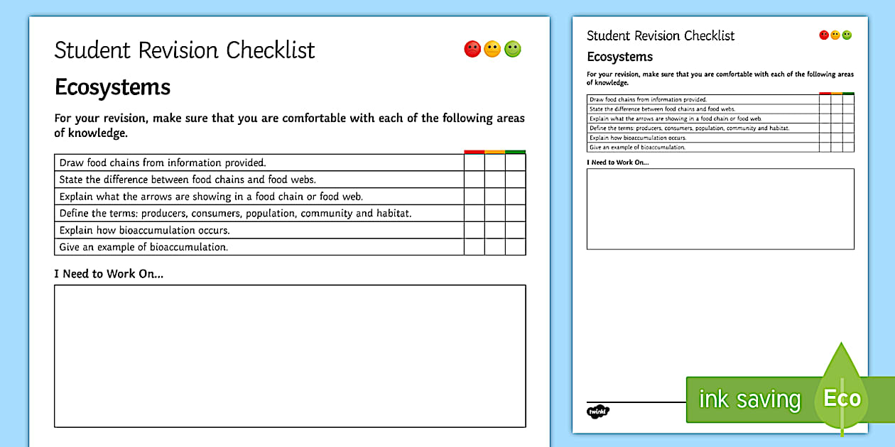 Ecosystems Student Revision Checklist (teacher made)