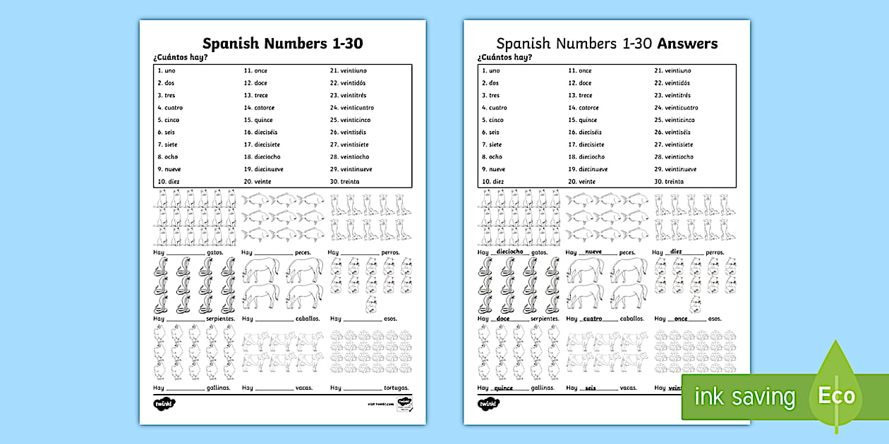 1 to 30 in Spanish | Numbers Worksheet | Twinkl USA - Twinkl