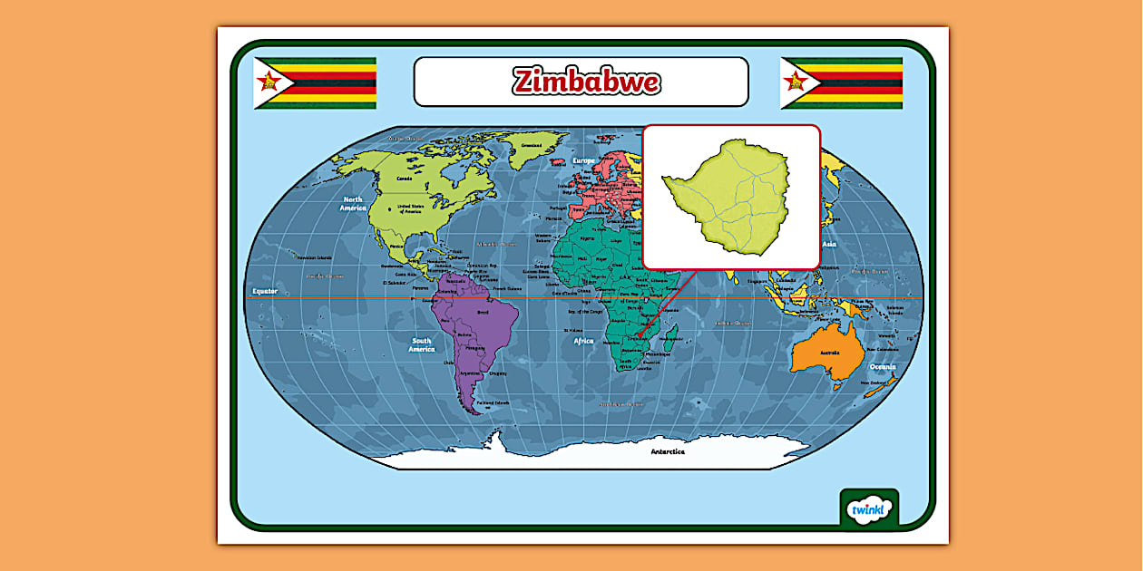 Zimbabwe on World Map Poster (teacher made) - Twinkl