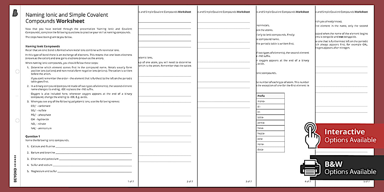 Ionic and Covalent Bond Naming Worksheet | Science Resources