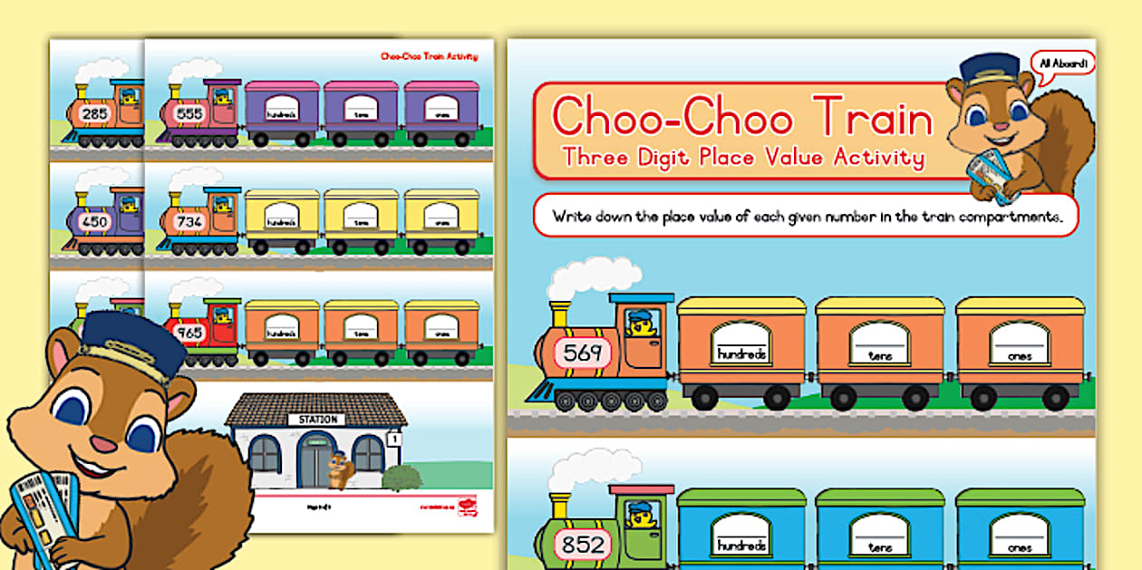 Gr3 Maths Choo-Choo Train Three Digit Place Value Activity Sheet (CAPS)