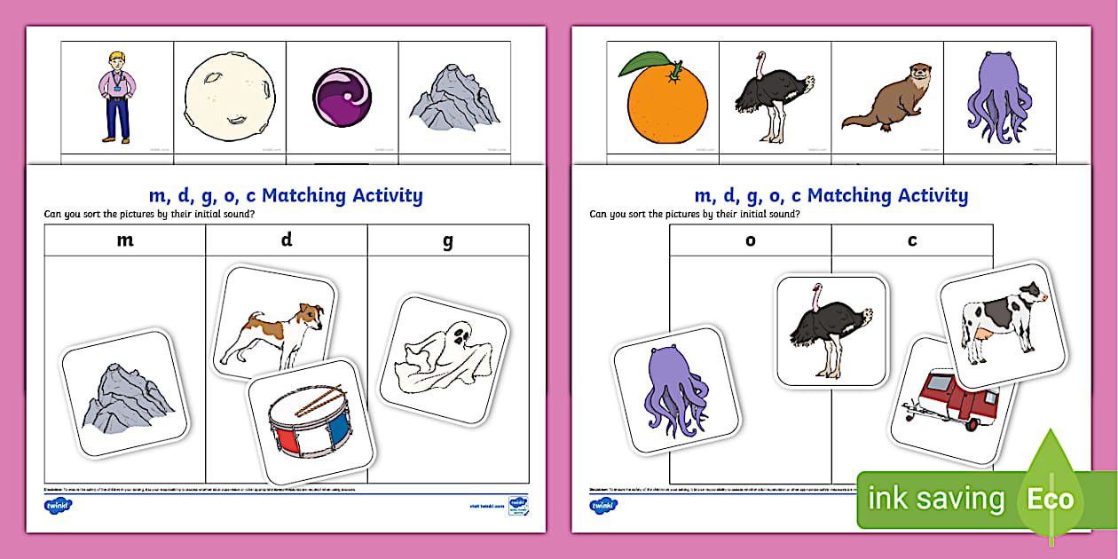 Editable m, d, g, o, c Initial Sounds Sorting Cutting Skills Activity