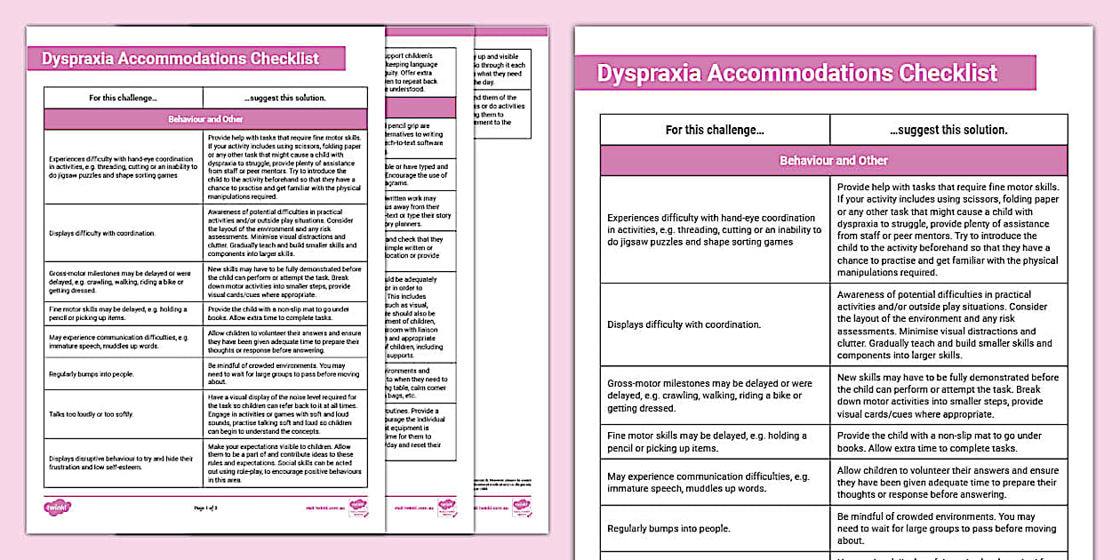 Dyspraxia Accommodations Checklist (teacher made) - Twinkl