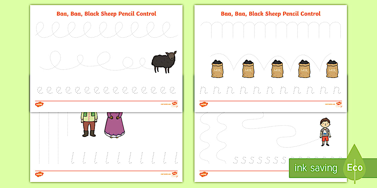 Baa, Baa, Black Sheep Pencil Control Worksheets - Twinkl