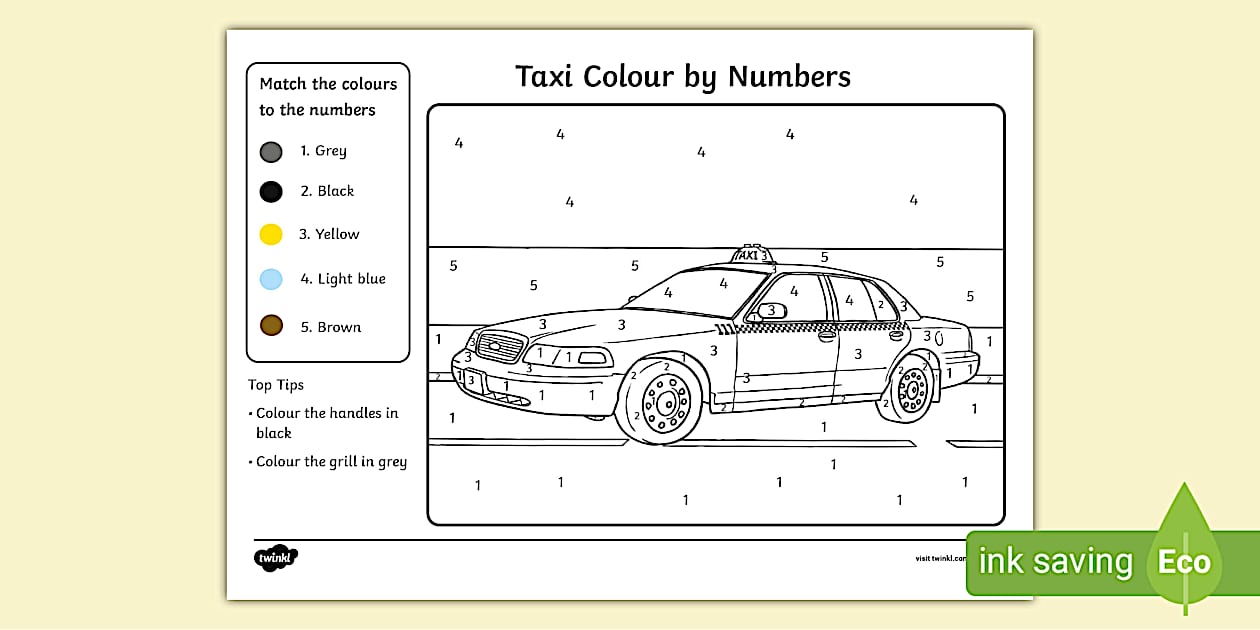 Taxi Colour by Number Page (Hecho por educadores) - Twinkl