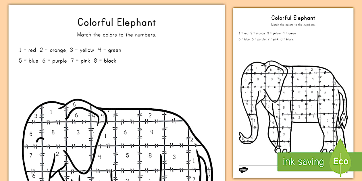 Colorful Elephant Color By Number Worksheet Activity