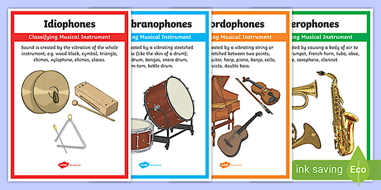 Cursive Classifying Musical Instruments Posters - Twinkl
