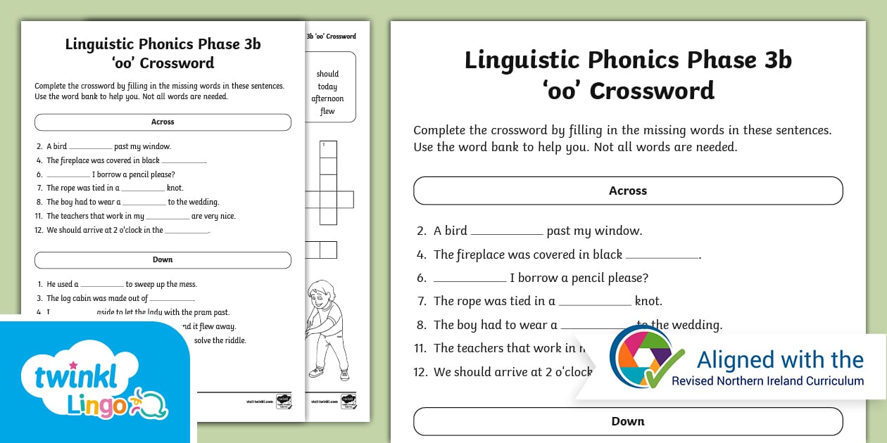 Linguistic Phonics Phase 3b 'oo' Crossword