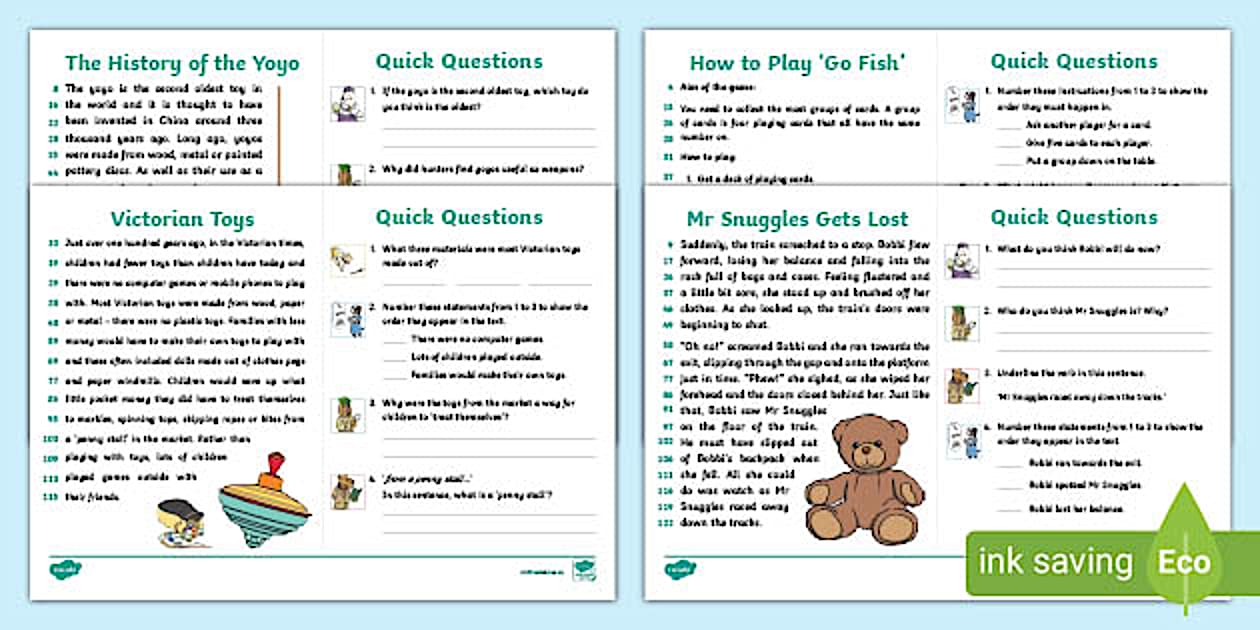 Grade 2/3 English 1-Minute Reading Cards Toys and Games (CAPS)