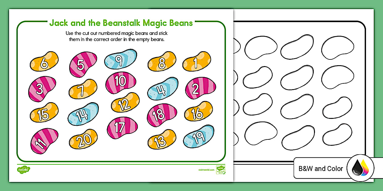 Jack and the Beanstalk Magic Bean Ordering Numbers to 20 Worksheet