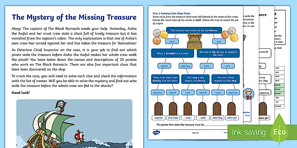 KS1 The Mystery of the Missing Treasure: Pirate SPaG Problem-Solving ...