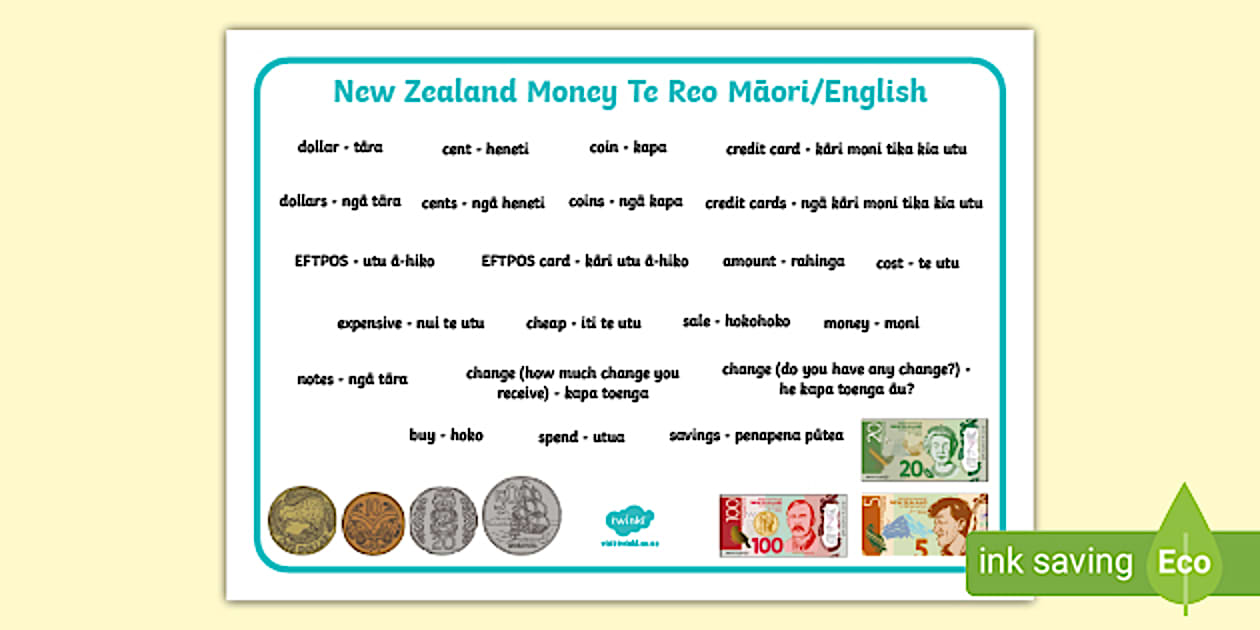 New Zealand Money Te Reo Māori/English Word Mat - Twinkl