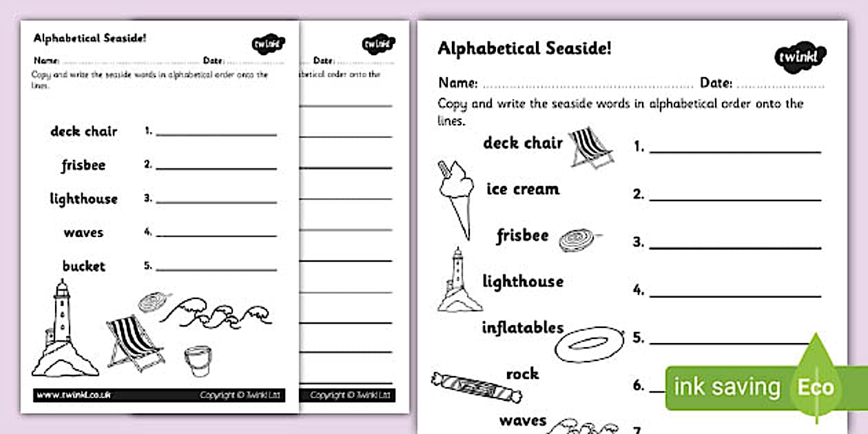Higher Ability KS1 Seaside Alphabet Ordering Worksheet