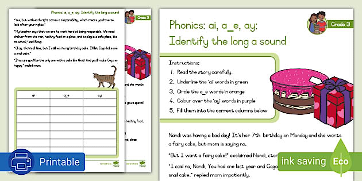 Grade 3 Phonics ai, a_e, ay: Consolidation Worksheet