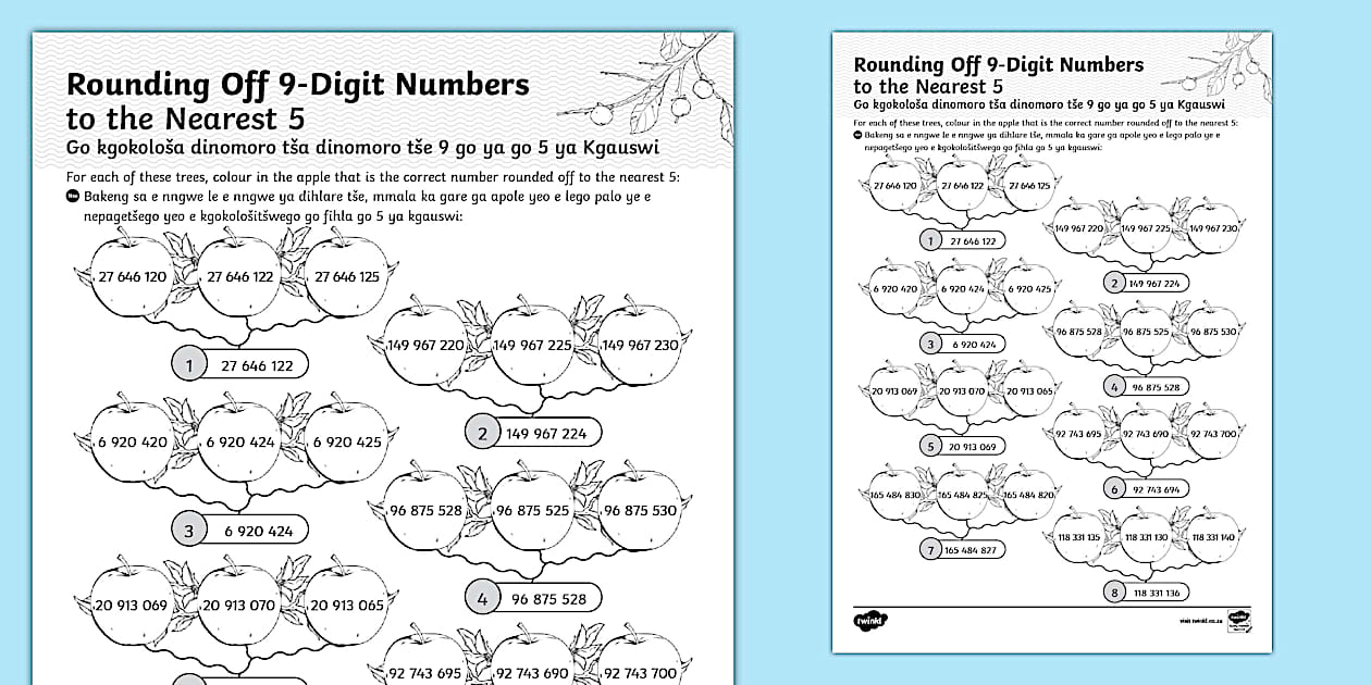 Rounding Off 9-Digit Numbers to the Nearest 5 Activity Sheet_Sepedi