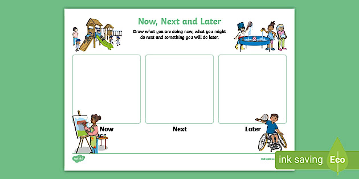 👉 Now, Next and Later Worksheet (teacher made) - Twinkl