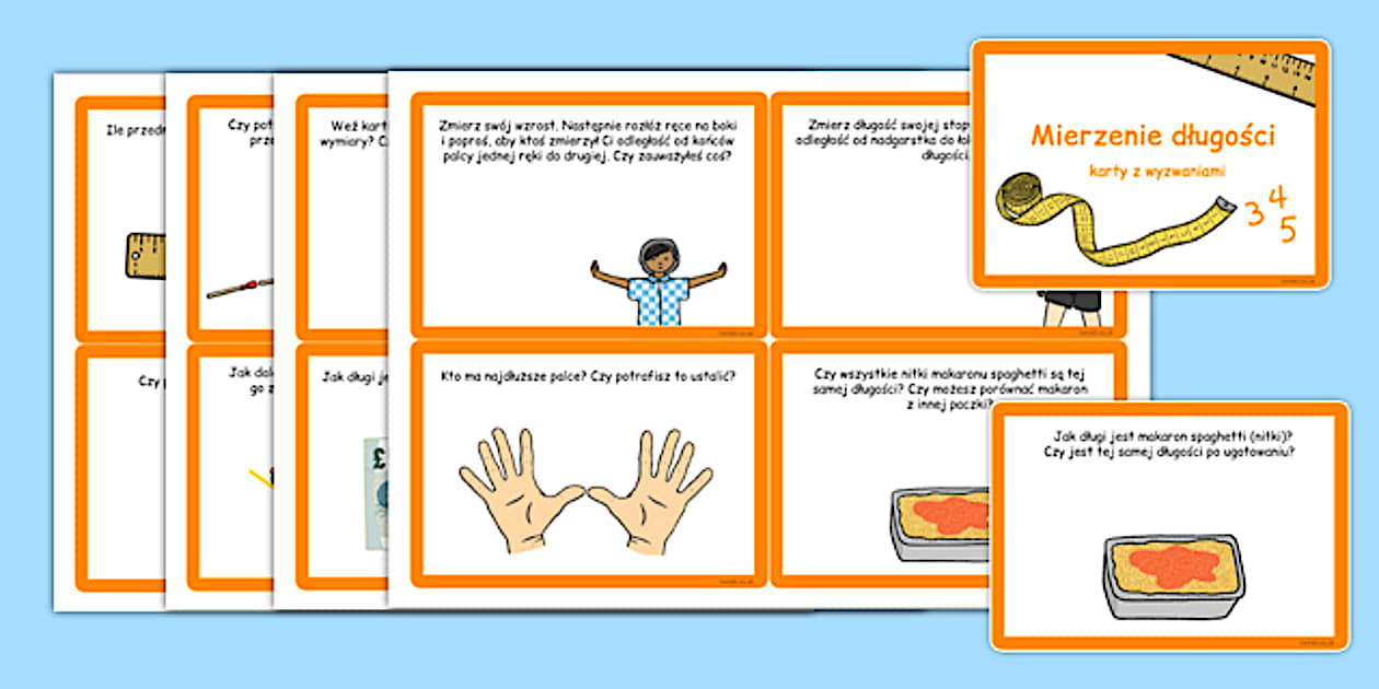 Karty z wyzwaniami Mierzenie długości po polsku - matematyka