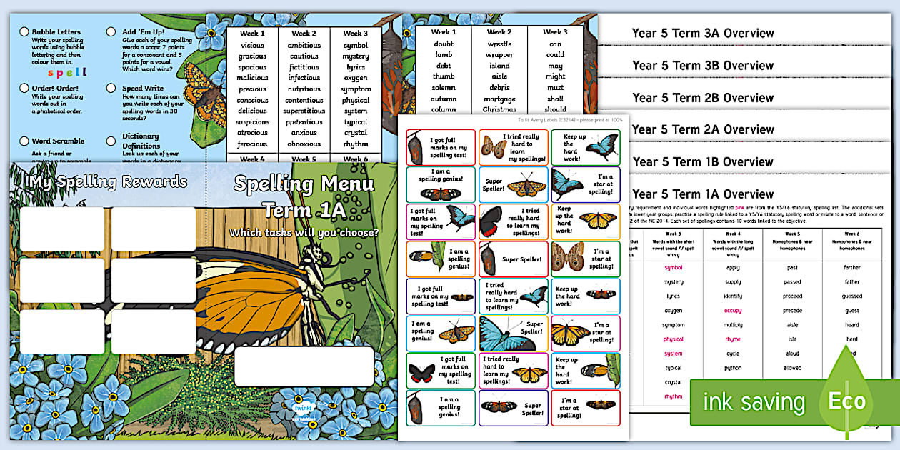 Editable Year 5 Butterfly Themed Spelling Menu Pack - Twinkl