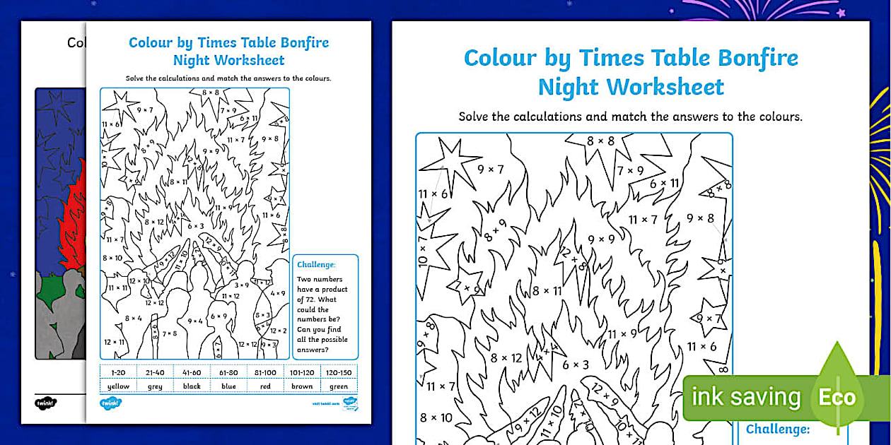 👉 Bonfire Night Themed Colour By Times Table Worksheet