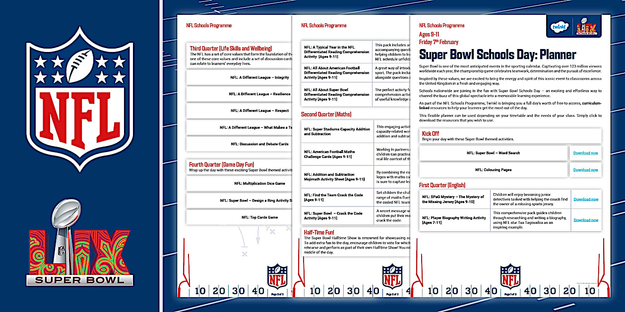 FREE! - NFL: Super Bowl Schools Day Planner [Ages 9-11]