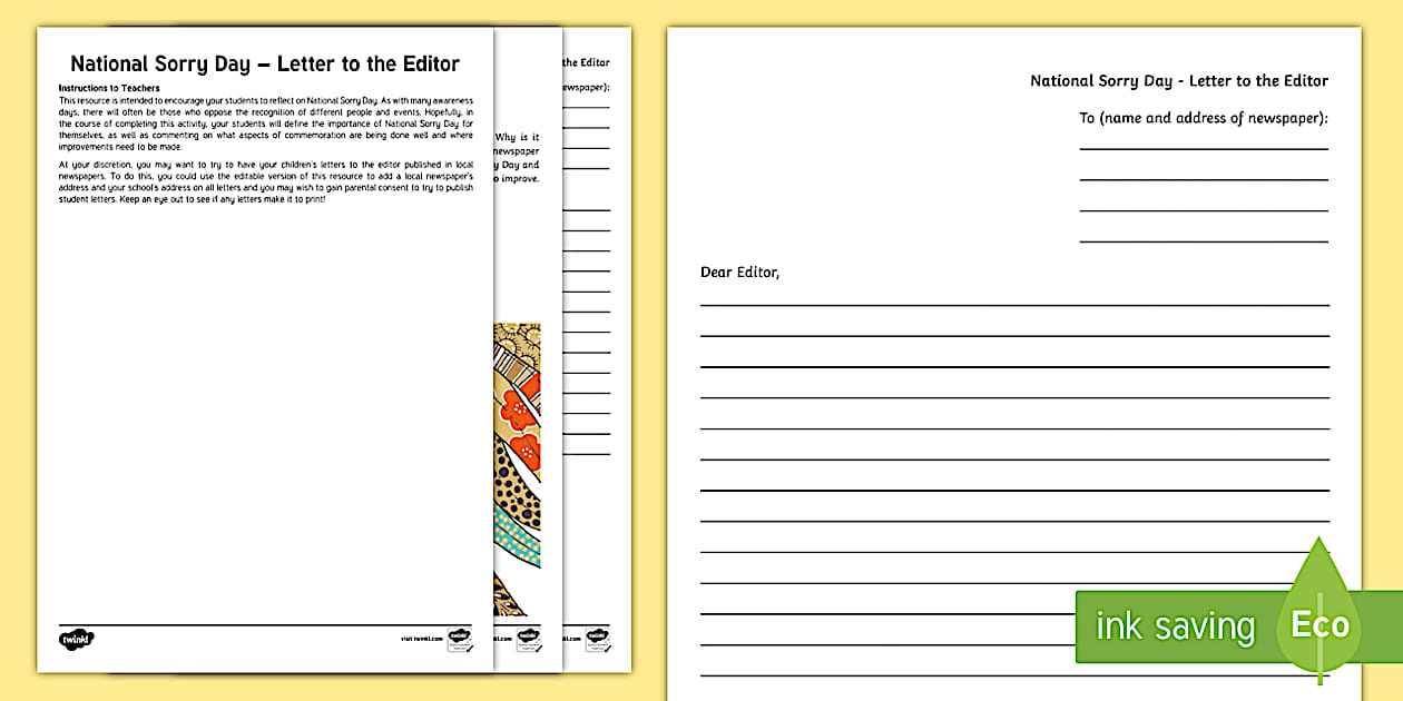 Black and White National Sorry Day Letter to the Editor Writing Template