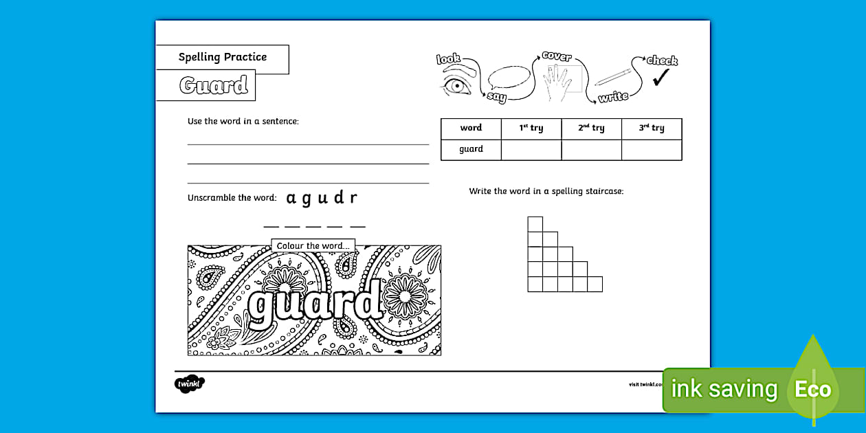 Guard Spelling Practice Worksheet (teacher made) - Twinkl