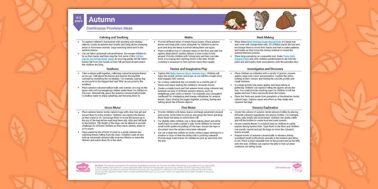 Kindergarten Autumn Continuous Provision Planning Ideas (Ages 0-2) | Twinkl