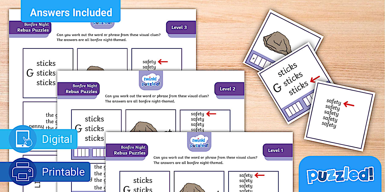 Fun Bonfire Night Rebus Puzzle Cards - Twinkl - Kids Puzzle