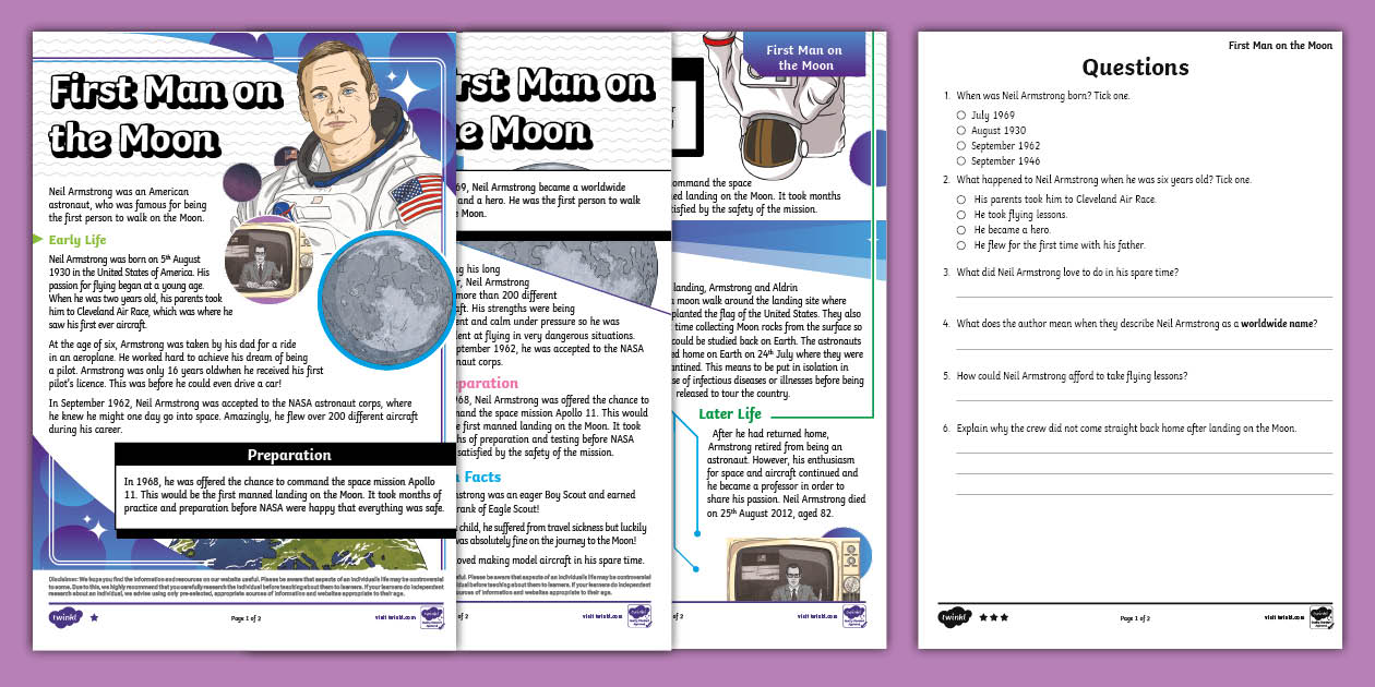 LKS2 Neil Armstrong Differentiated Reading Comprehension Activity