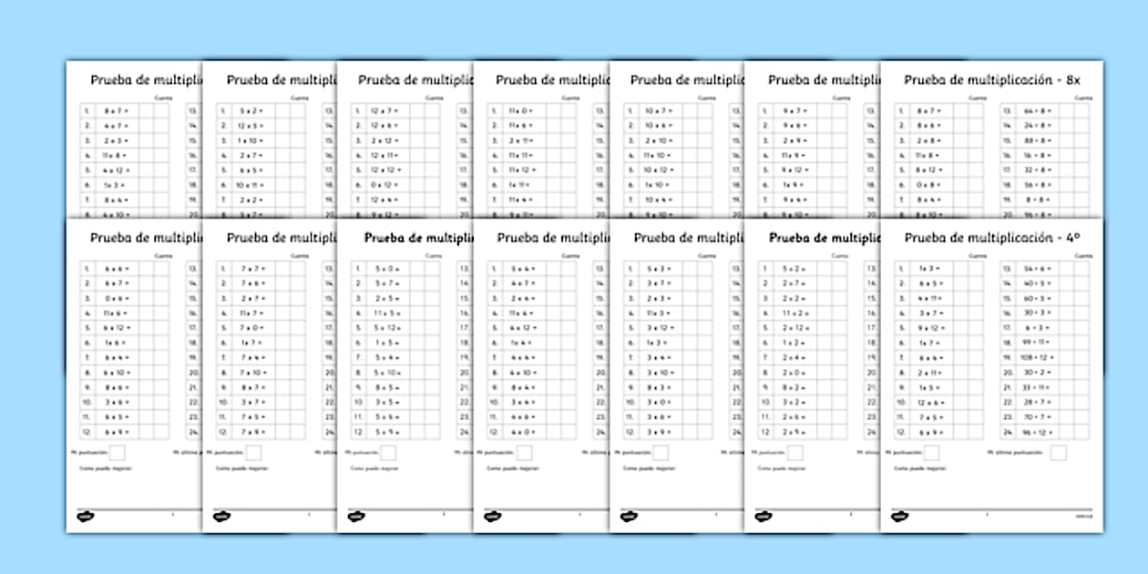 Mixed Multiplication and Division Tests Up to 12x Tables-Spanish