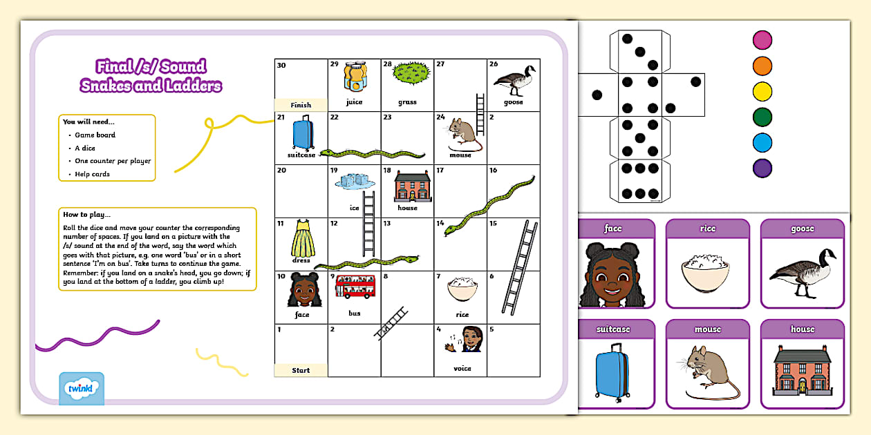 Final /s/ Sound Snakes and Ladders (teacher made) - Twinkl