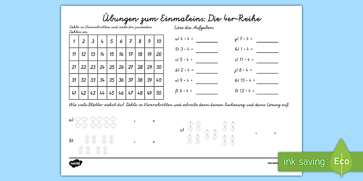 Übungen zum Einmaleins: Die 4er Reihe Arbeitsblatt