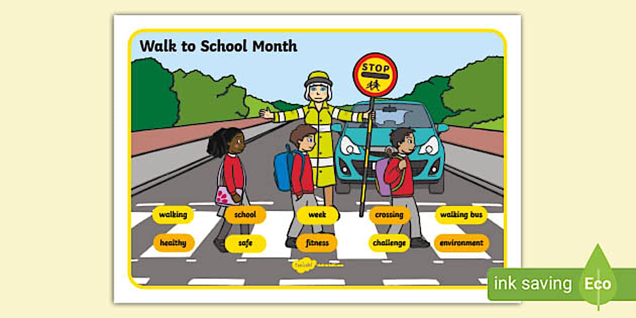 Cursive Walk to School Month Word Mat - Twinkl