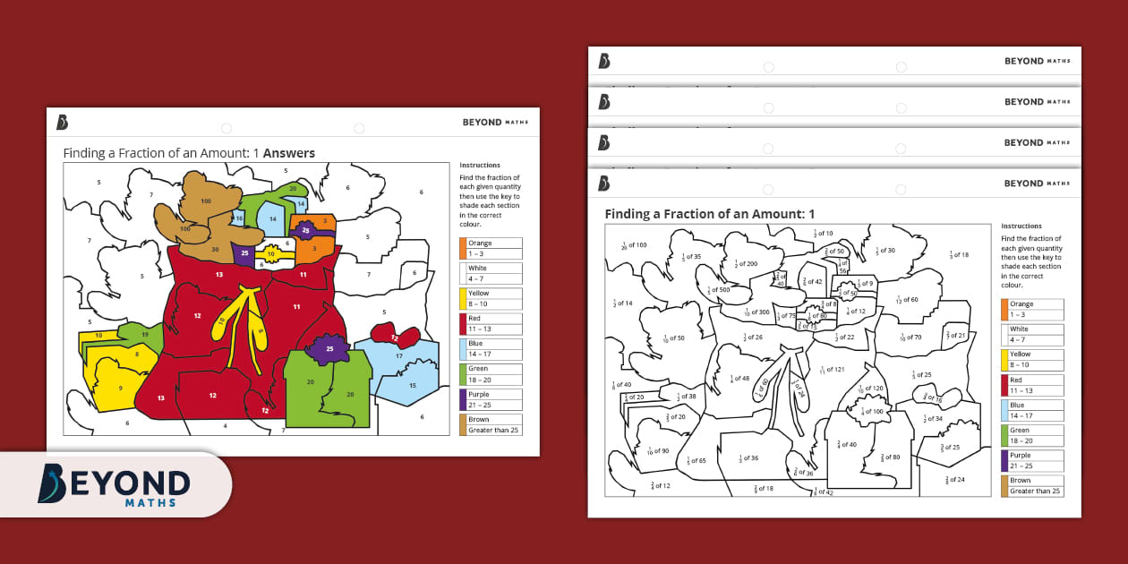 Christmas Fractions Worksheets: Finding a Fraction of an Amount