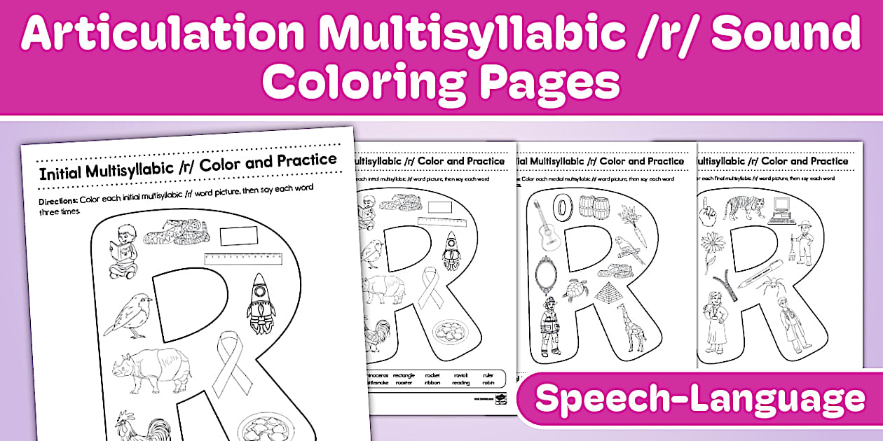 Articulation Multisyllabic /r/ Sound Coloring Pages for SLP