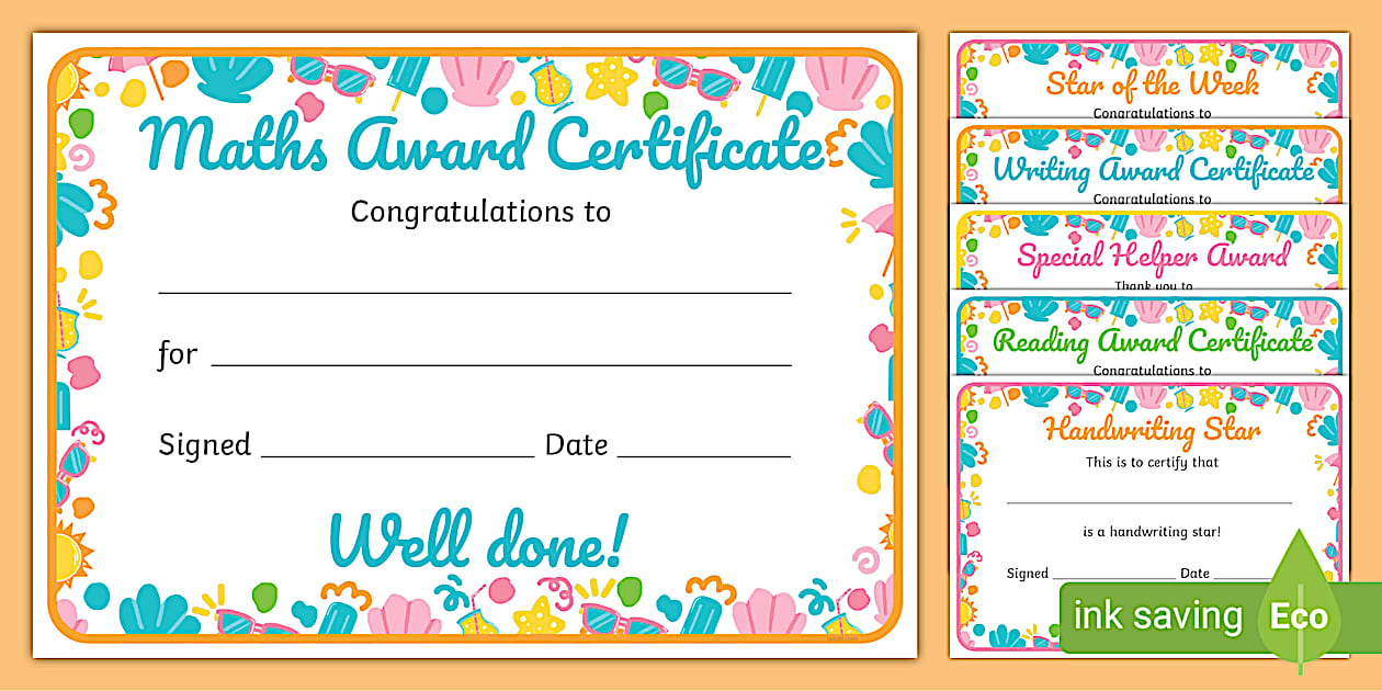 Summer Vibes Themed Certificate and Award Variety Pack