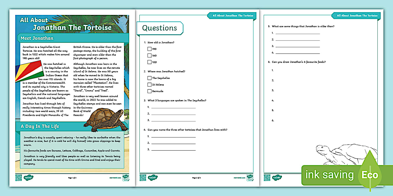 All About Jonathon the Tortoise Comprehension Activity