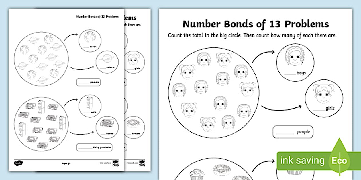 Number Bonds to 13 Problems Worksheet (teacher made)