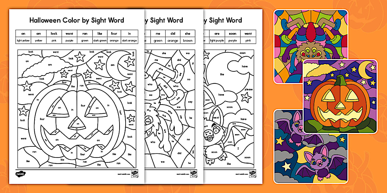 Kindergarten Halloween Color by Sight Word Activity Worksheet