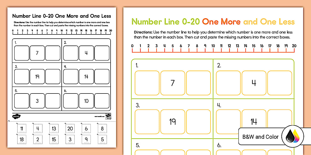 Kindergarten Number Line 0-20 One More and One Less Worksheet