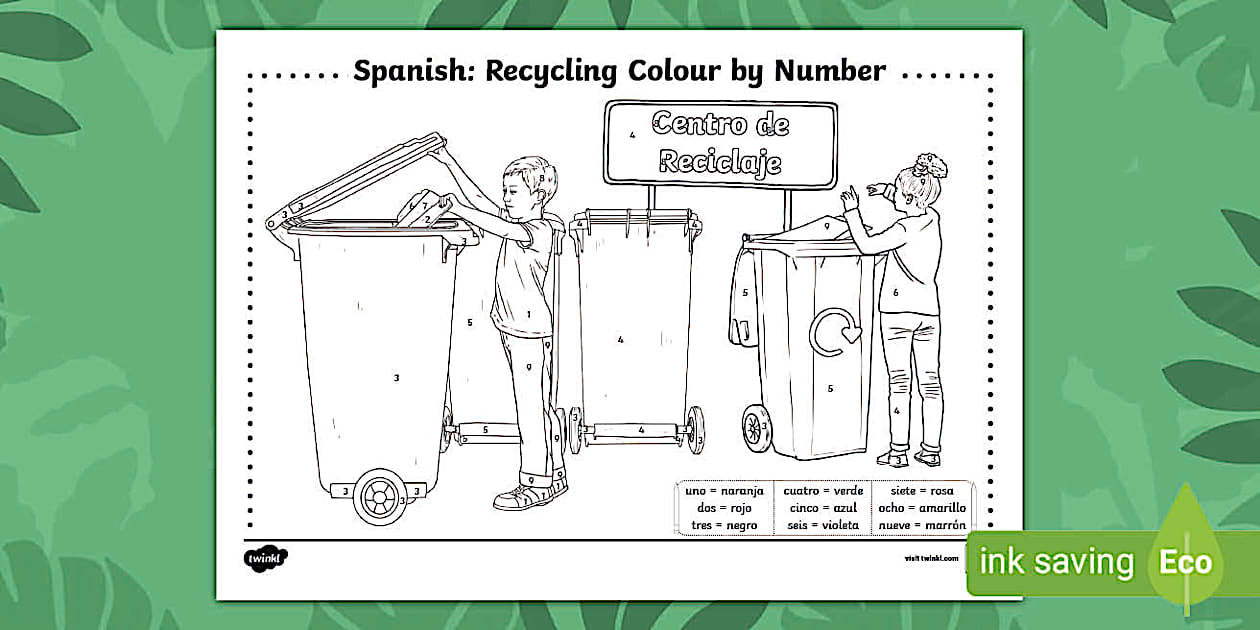👉 Spanish: Recycling Colour by Number Worksheet - Twinkl