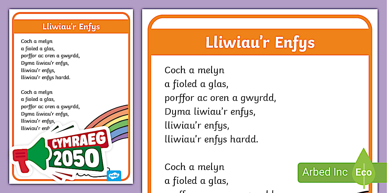 Cursive Colours of the Rainbow Song in Welsh - Twinkl