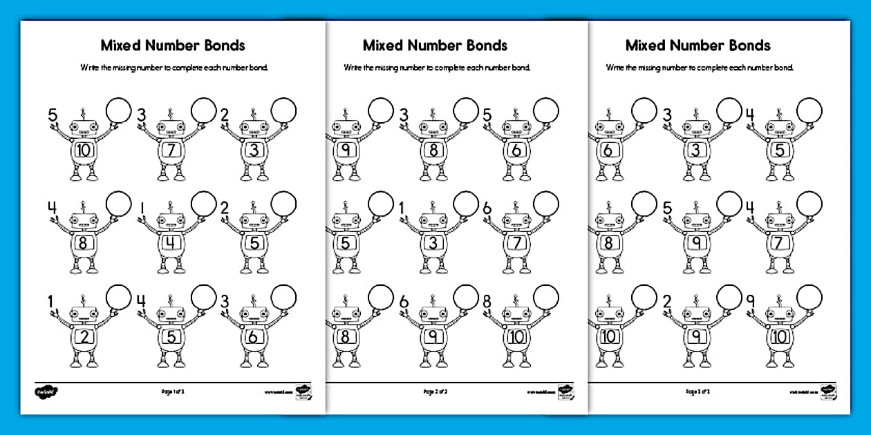 Mixed Number Bonds to 10 on Robots Activity (teacher made)