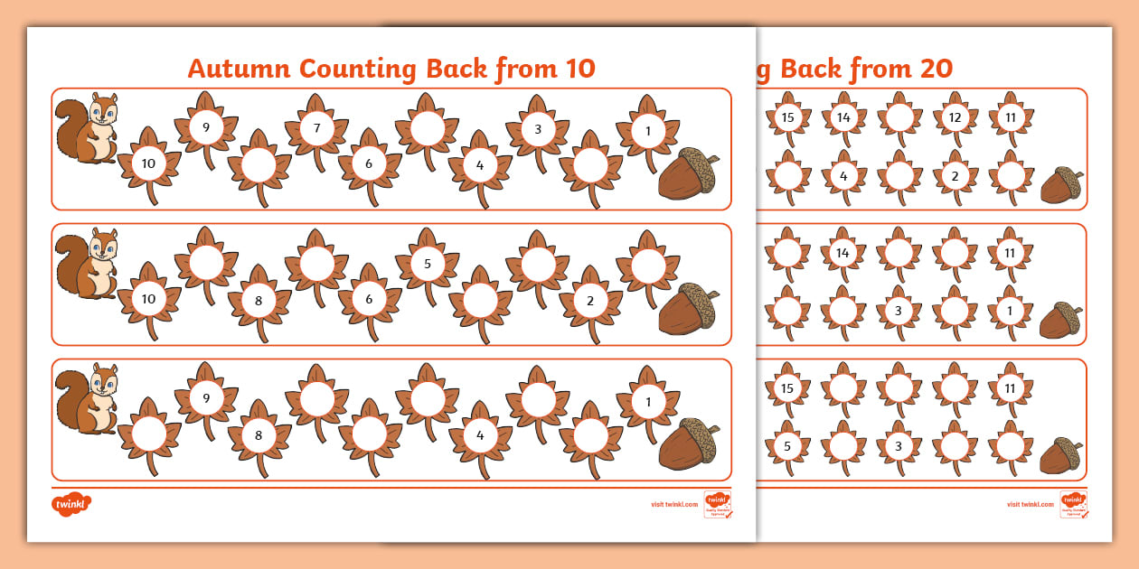 👉 Autumn-Themed Counting Back from 10 and 20 Worksheet - Twinkl - KS1