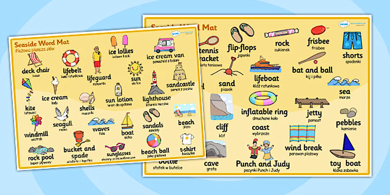 Seaside Word Mat Polish Translation (teacher made) - Twinkl